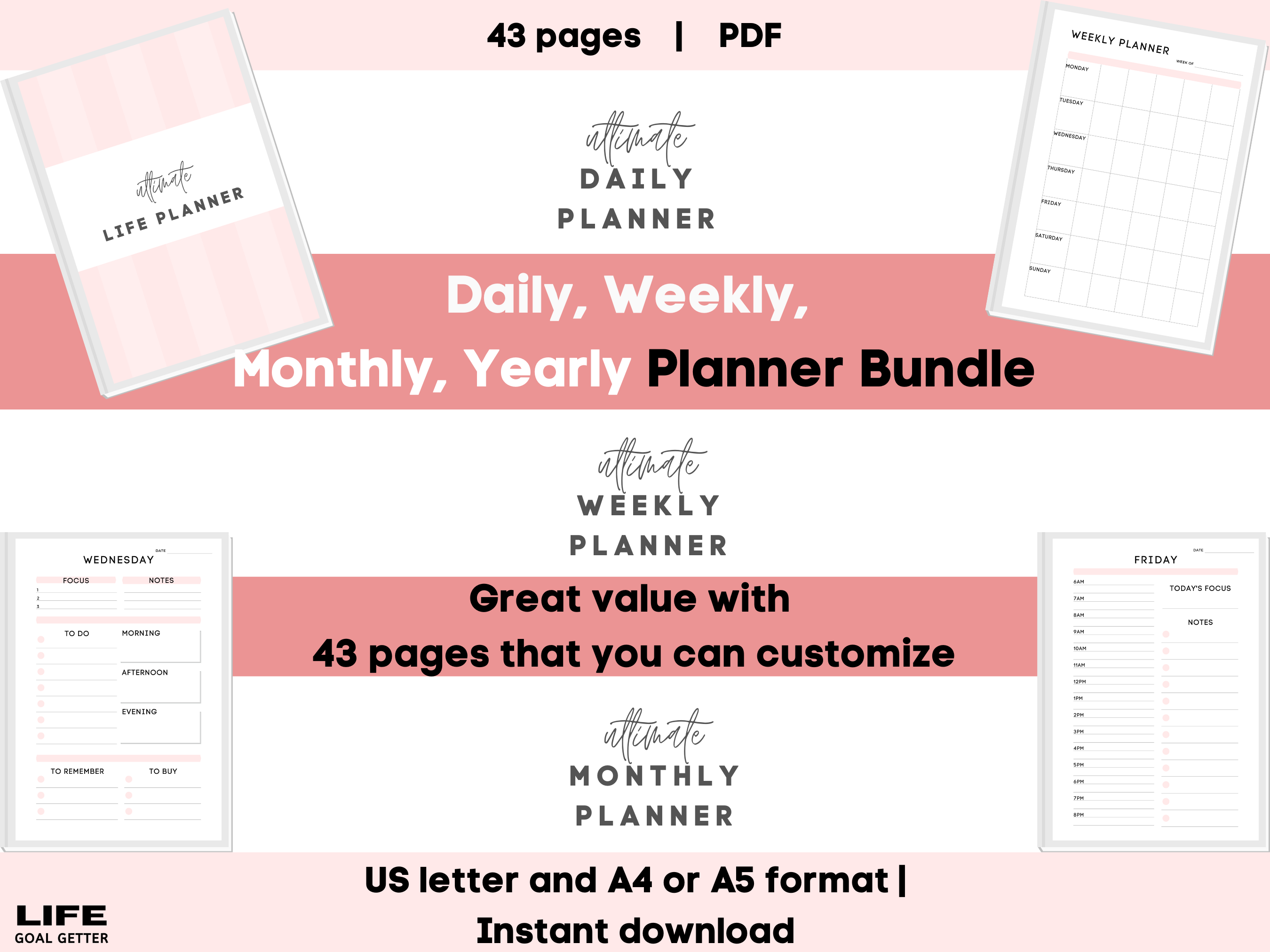Daily, weekly, monthly, yearly planner bundle - Life Goal Getter